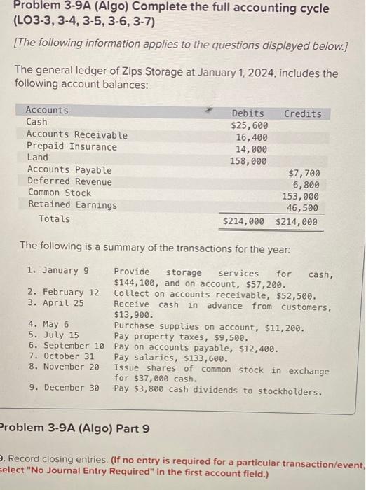 Solved Problem 3-9A (Algo) Complete the full accounting | Chegg.com