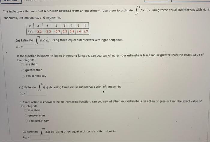 Solved fr f(x) dx using three equal subintervals with right | Chegg.com