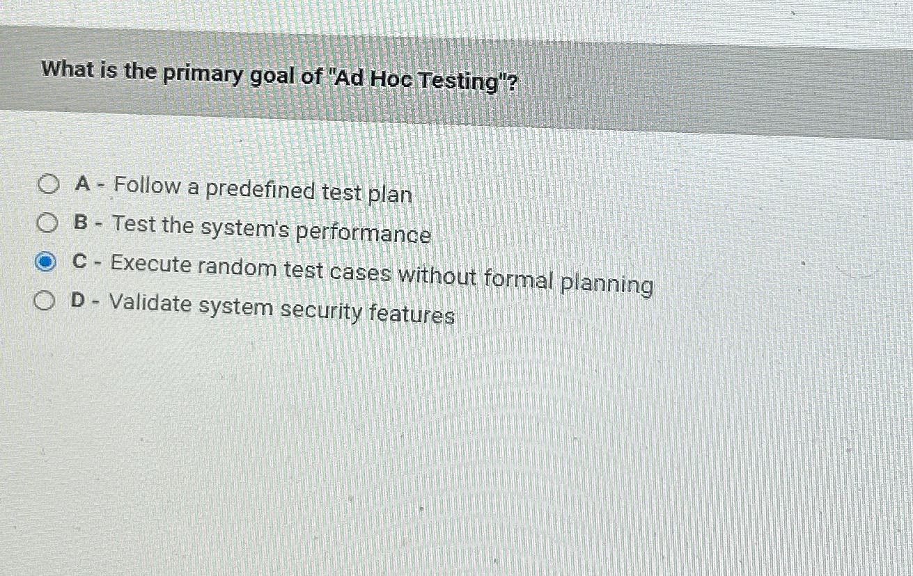 Solved What is the primary goal of "Ad Hoc Testing"?A - | Chegg.com