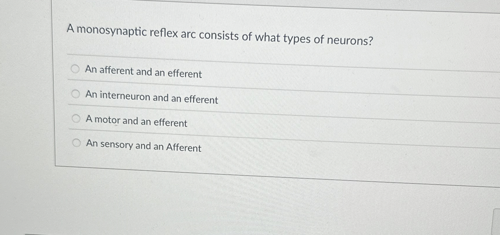 Solved A monosynaptic reflex arc consists of what types of | Chegg.com