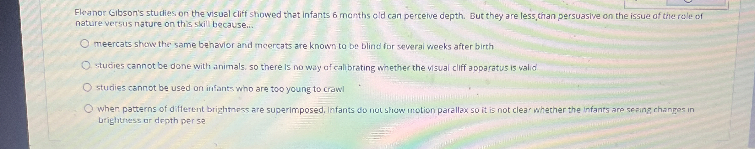 Solved Eleanor Gibson's studies on the visual cliff showed | Chegg.com
