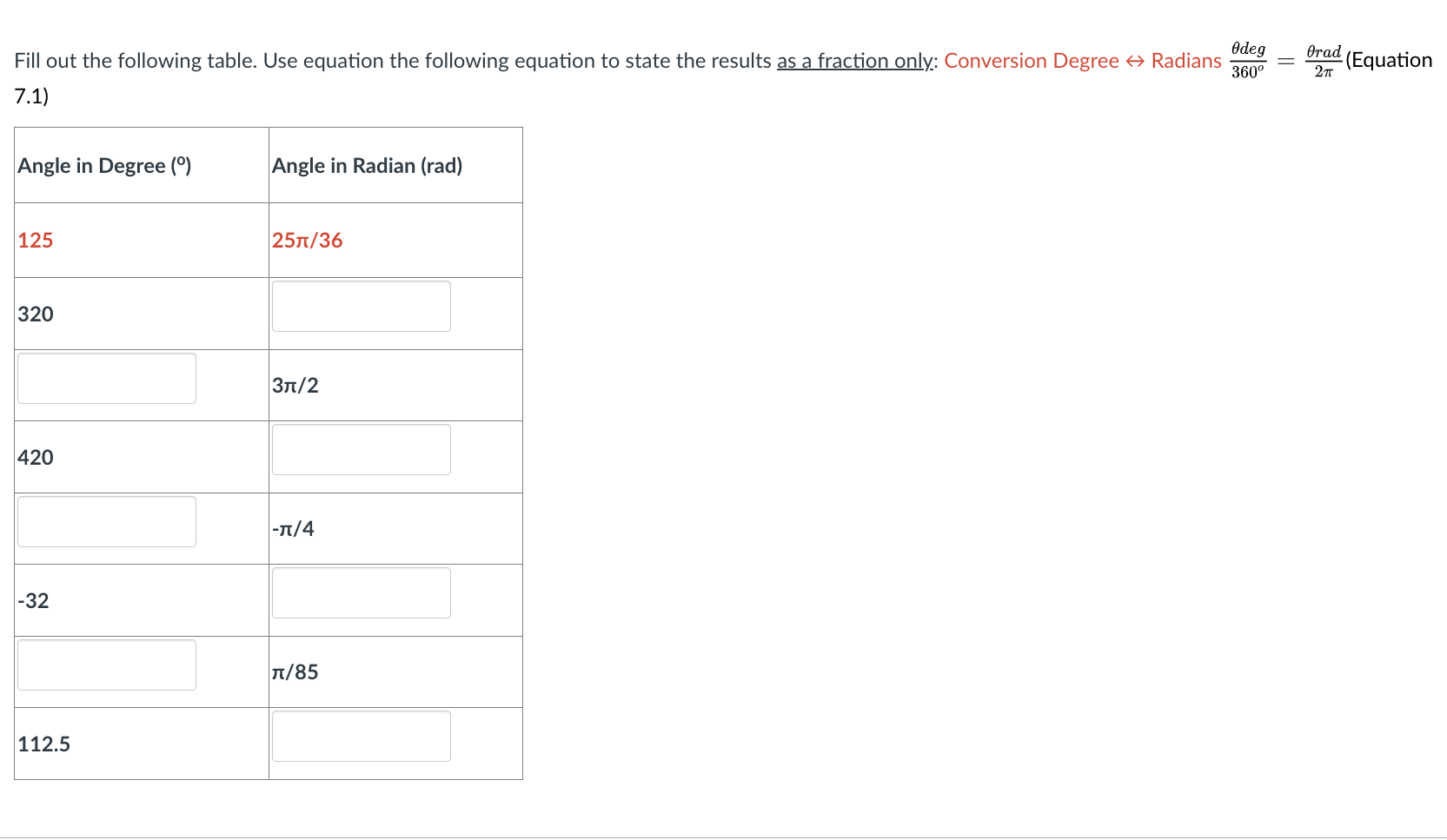 Solved Fill out the following table. Use equation the | Chegg.com