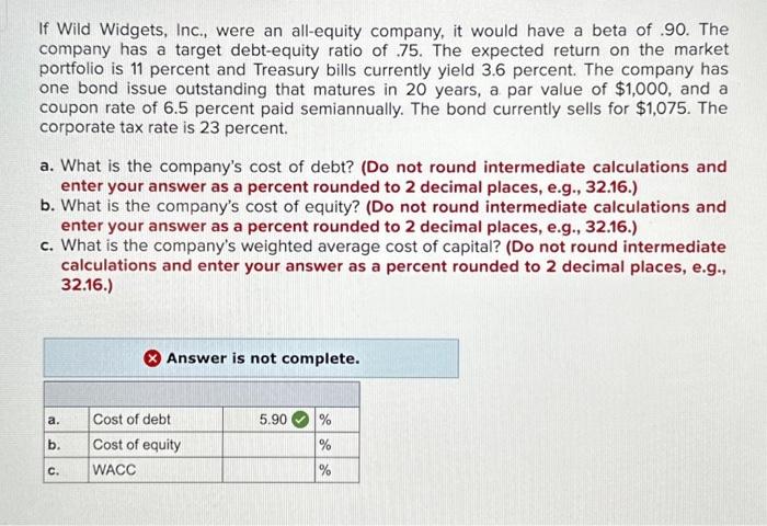 Solved If Wild Widgets, Inc., were an all-equity company, it | Chegg.com