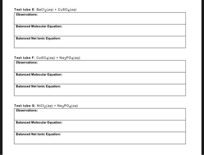 Solved Test tube E: BaCl2(aq) + CuSO4(aq) Observations: | Chegg.com
