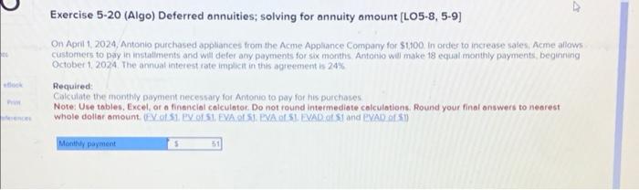 Solved Exercise 5-20 (Algo) Deferred annuities; solving for | Chegg.com Solved Exercise 5-20 (Algo) Deferred annuities; solving for | Chegg.com