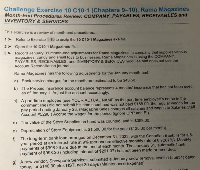 Solved Challenge Exercise 10 C10-1 (Chapters 9-10), Rama | Chegg.com