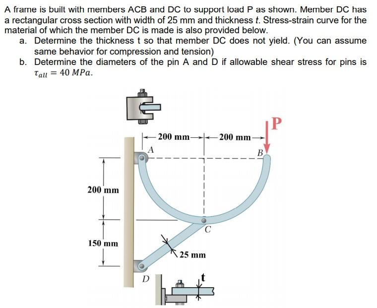 Solved A frame is built with members ACB and DC to support | Chegg.com