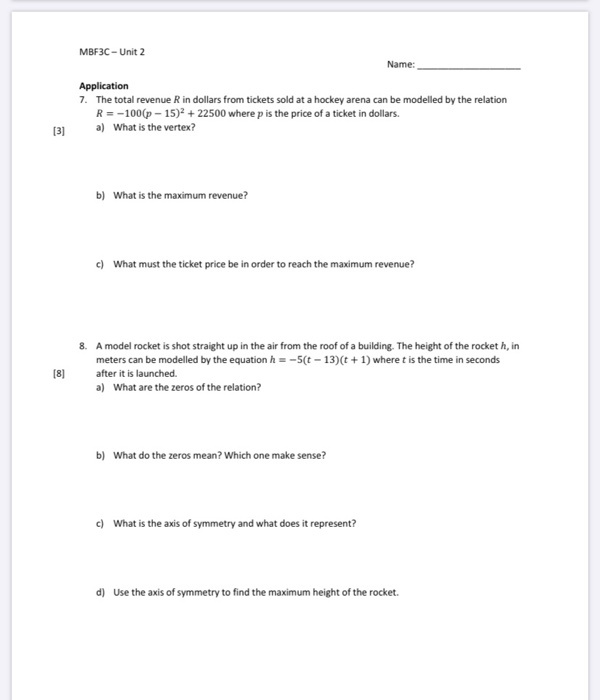 Solved MBF3C - Unit 2 Name: Application 7. The total revenue | Chegg.com