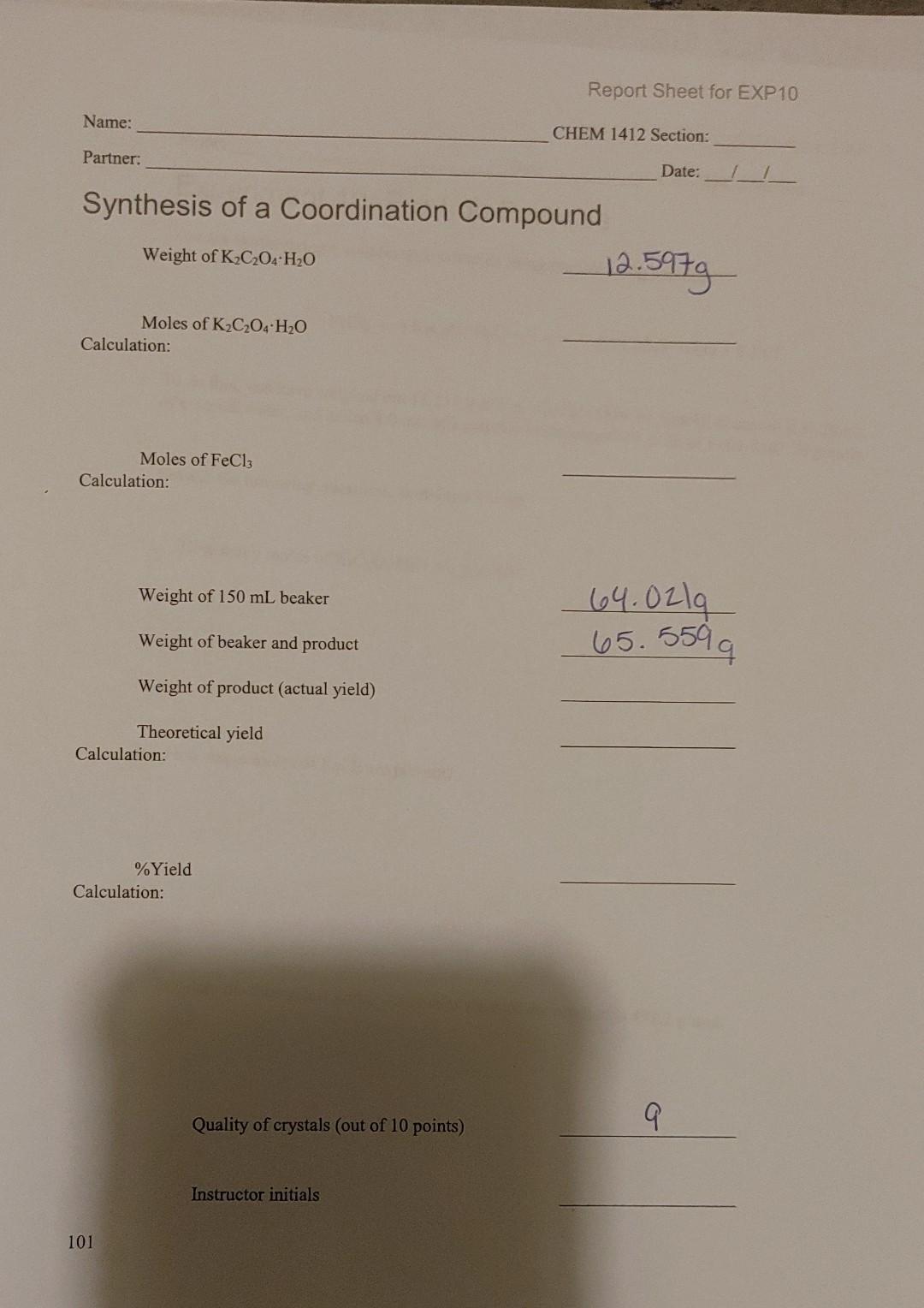 Solved Experiment 10 Synthesis of a Coordination Compound | Chegg.com