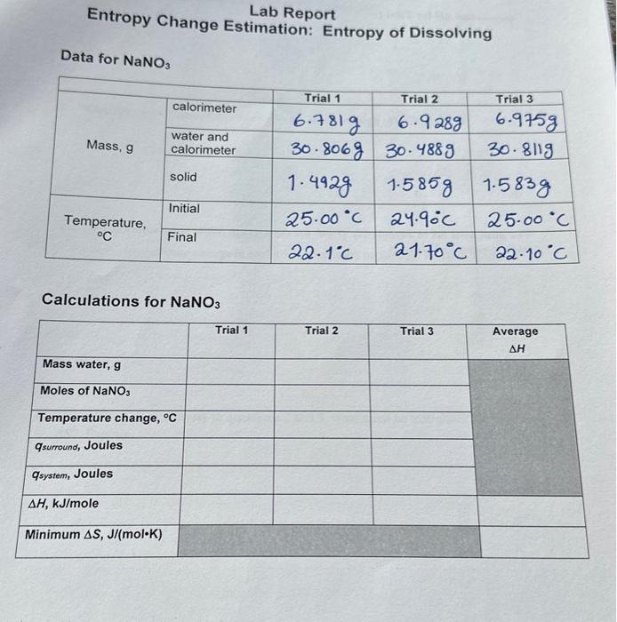 Solved Lab Report Entropy Change Estimation: Entropy of | Chegg.com