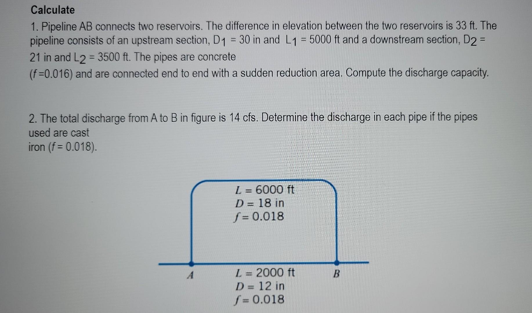 Solved 1. Pipeline AB connects two reservoirs. The | Chegg.com