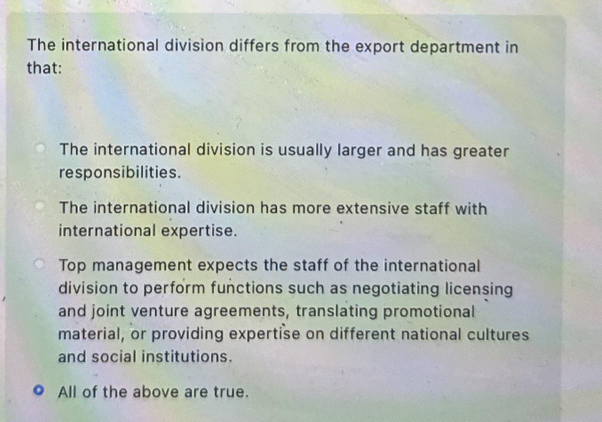 Solved The international division differs from the export | Chegg.com