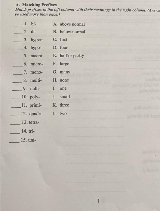 Solved A. Matching Prefixes Match prefixes in the left | Chegg.com