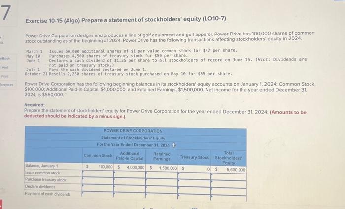 Solved Exercise 10-15 (Algo) Prepare a statement of | Chegg.com