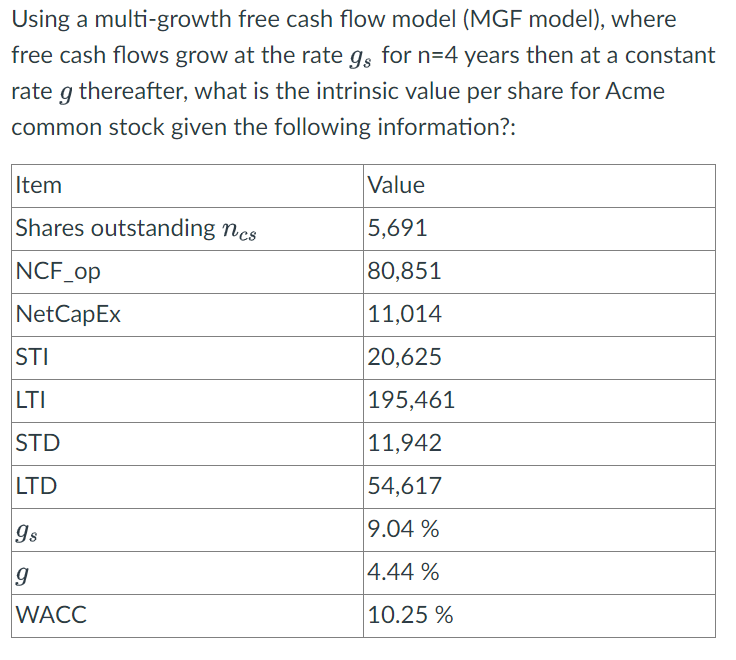 Solved Using a multi-growth free cash flow model (MGF | Chegg.com
