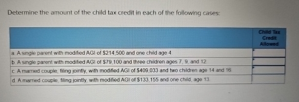 Solved Determine the amount of the child tax credit in each | Chegg.com