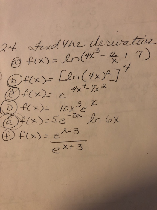 Solved 24. Find the derivative @ f(x) = ln (4x®- + 7) @ | Chegg.com