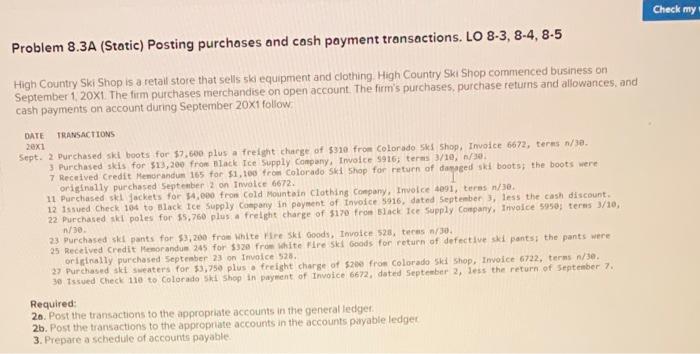 Solved Problem 8.3A (Static) Posting purchases and cash | Chegg.com