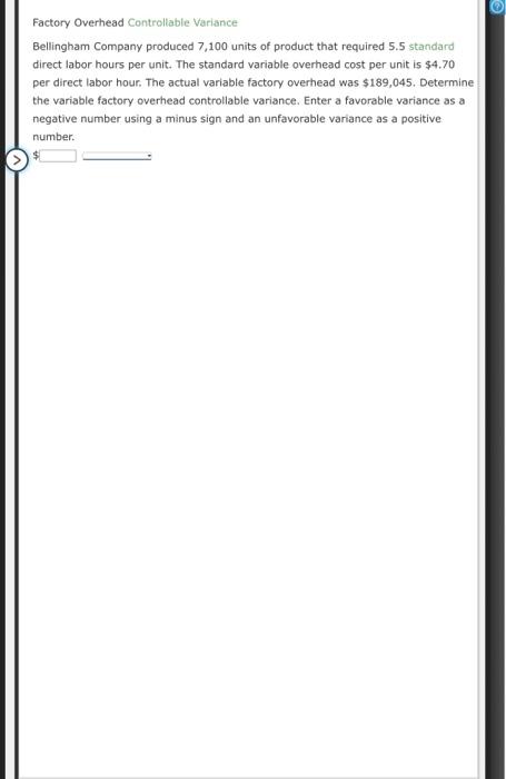 Solved Factory Overhead Controllable Variance Bellingham | Chegg.com