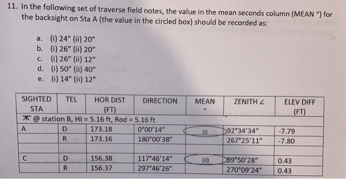 Solved 11. In the following set of traverse field notes, the | Chegg.com