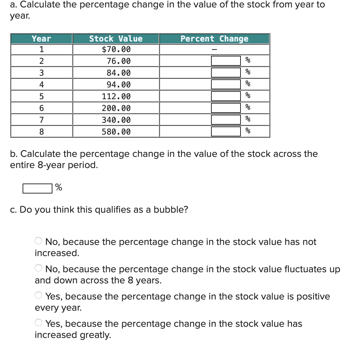 Solved a. ﻿Calculate the percentage change in the value of | Chegg.com