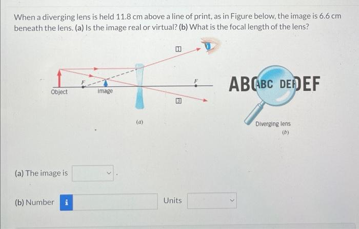 Solved When a diverging lens is held 11.8 cm above a line of | Chegg.com
