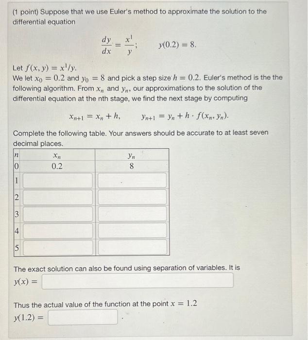 Solved (1 point) Suppose that we use Euler's method to | Chegg.com