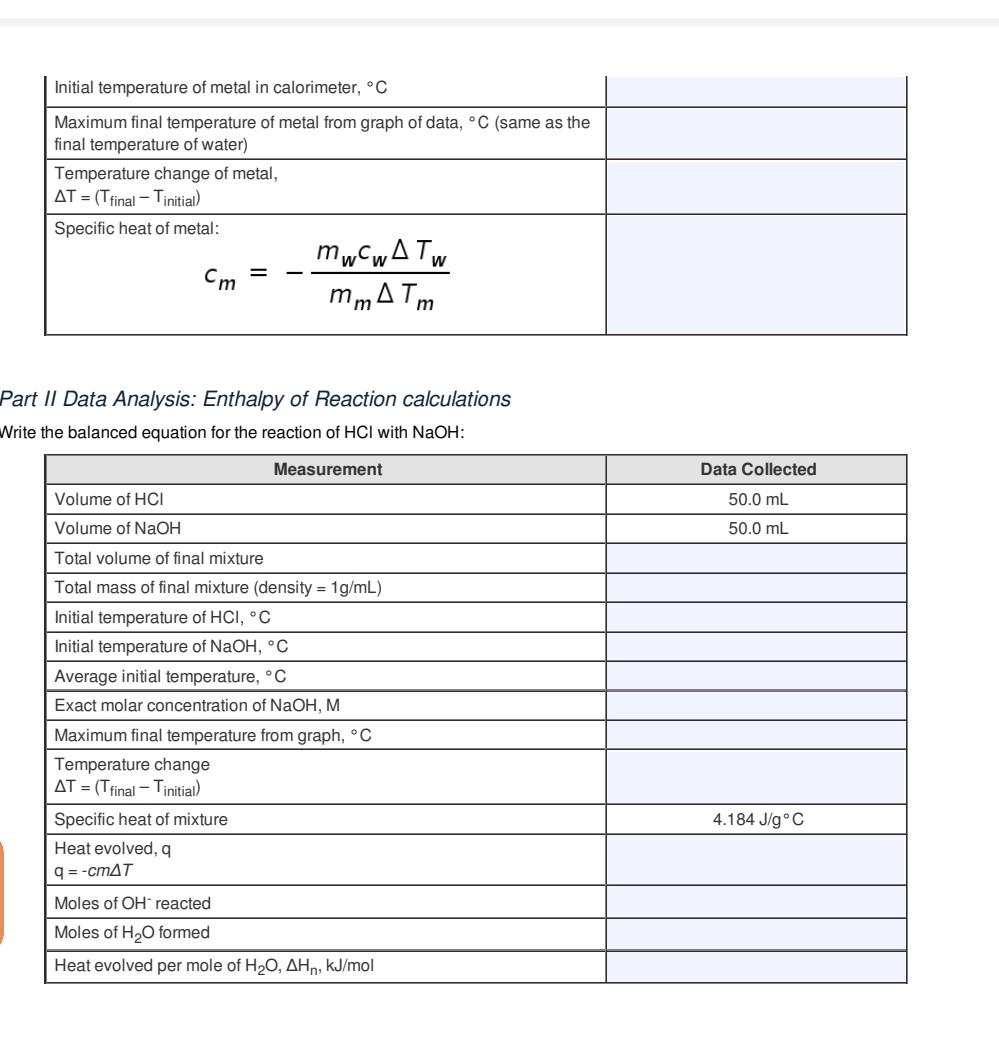 Data Sheet Table 1: Calorimeter Experimental Setup | Chegg.com