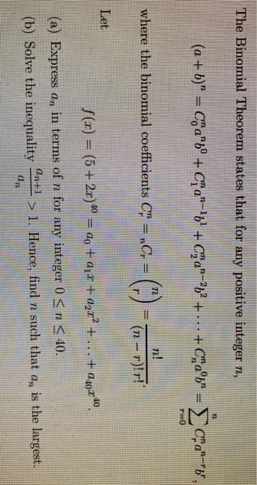 Solved The Binomial Theorem states that for any positive | Chegg.com