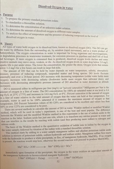 Solved - Following the winkler method, a 500 mL sample of | Chegg.com