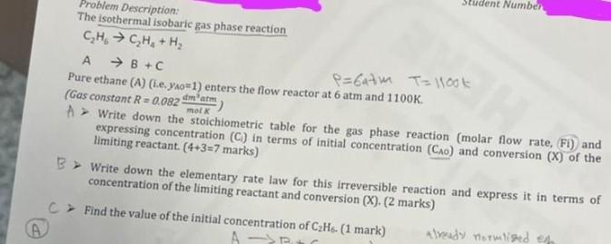 Solved C2H6→C2H4+H2A→A+C Pure ethane (A)( i.e. yAO=1) enters | Chegg.com