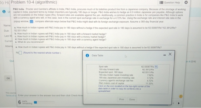 Problem 10-4 (algorithmic) Question Help PKG India, | Chegg.com