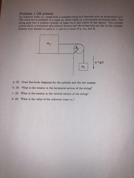 Solved an unknown mass, m1, hangs from a massless string and | Chegg.com