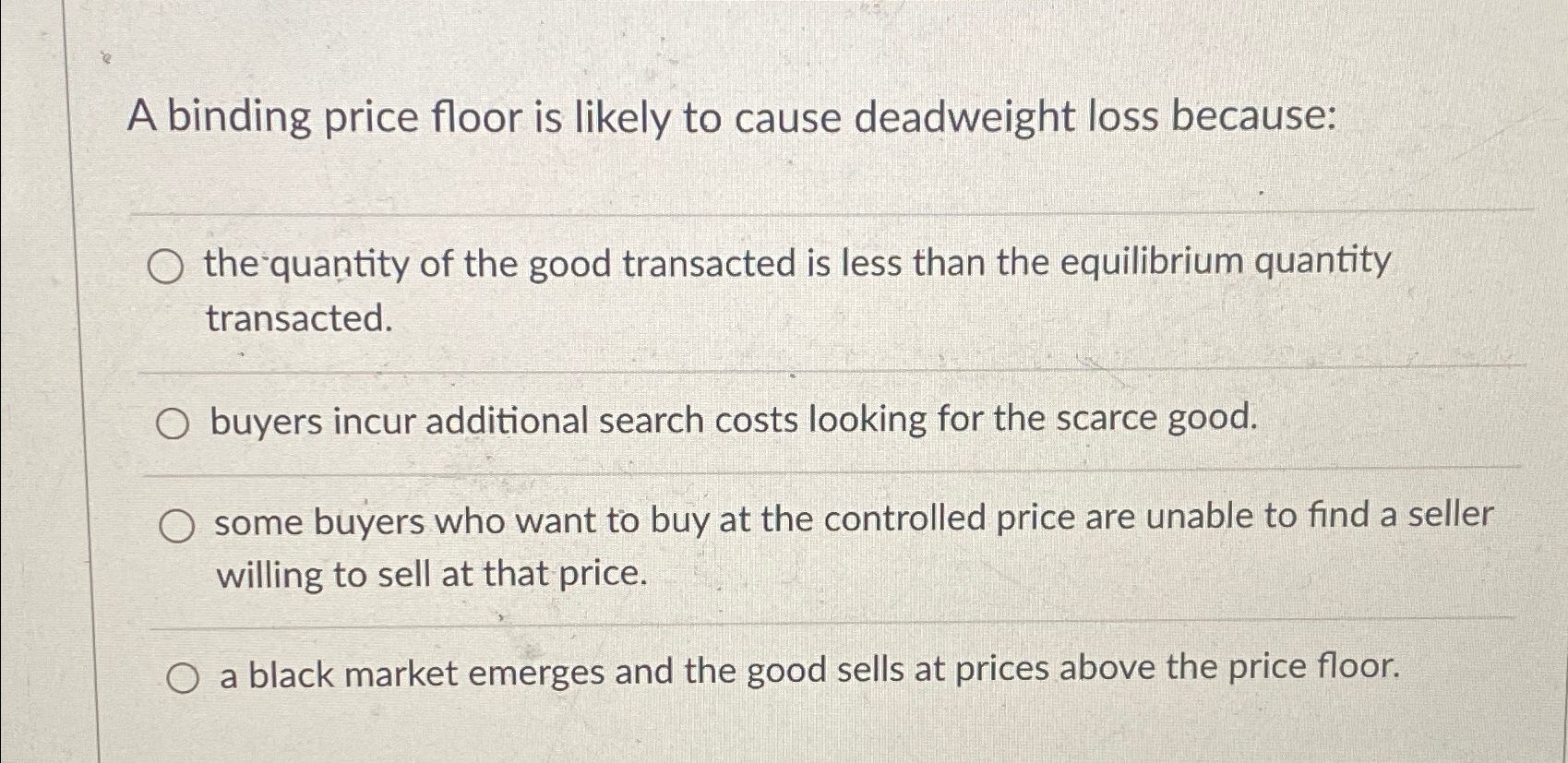 Solved A binding price floor is likely to cause deadweight | Chegg.com