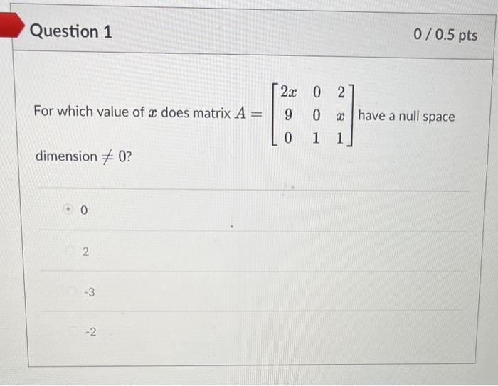 Solved For which value of x does matrix A=⎣⎡2x900012x1⎦⎤ | Chegg.com