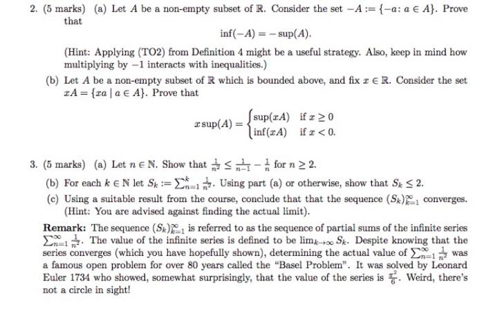 Solved 2. (5 marks) (a) Let A be a non-empty subset of R. | Chegg.com