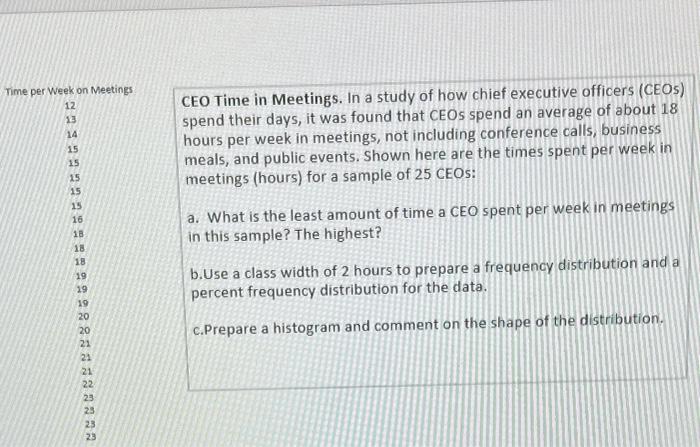 Solved CEO Time in Meetings. In a study of how chief | Chegg.com