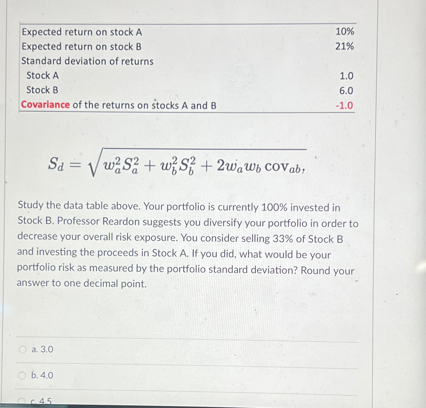 Solved Table Expected Return On Stock A10 0330