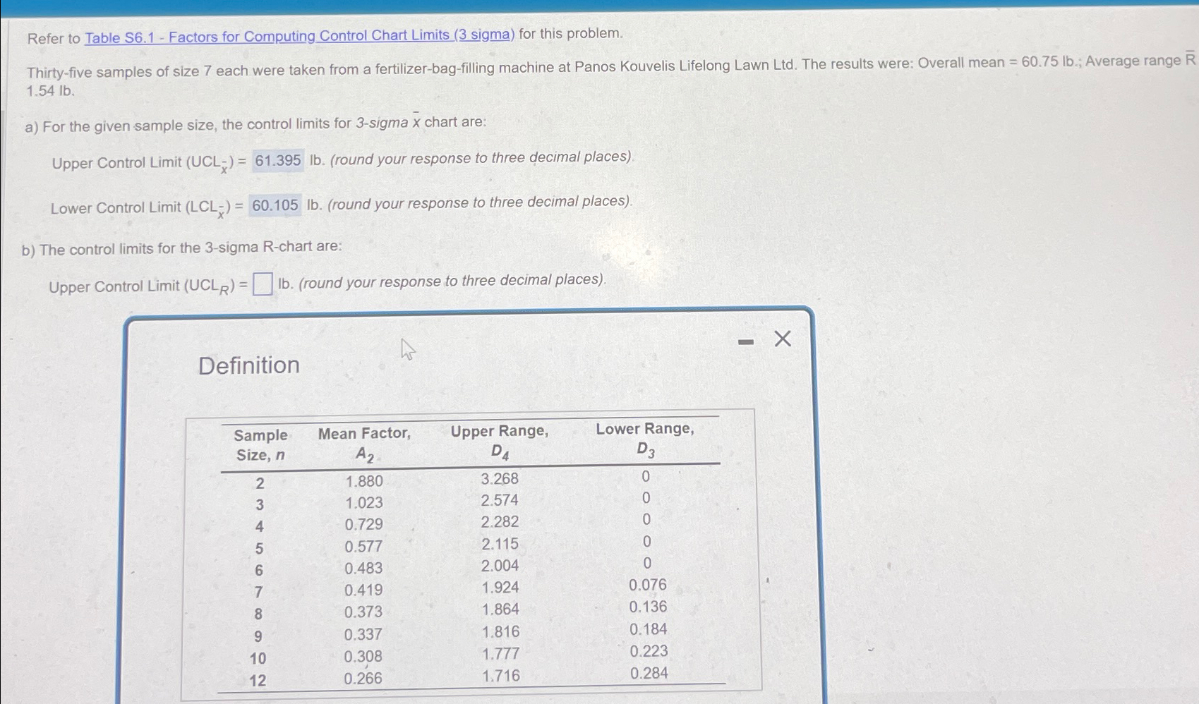Solved Refer to Table S6.1 - ﻿Factors for Computing Control | Chegg.com