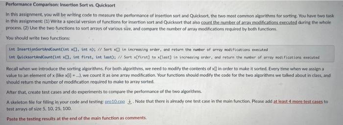 Solved Performance Comparison: Insertion Sort vs. Quicksort | Chegg.com