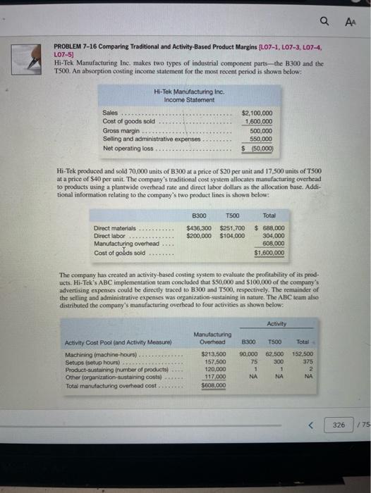 Solved PROBLEM 7-16 Comparing Traditional and Activity-Based | Chegg.com