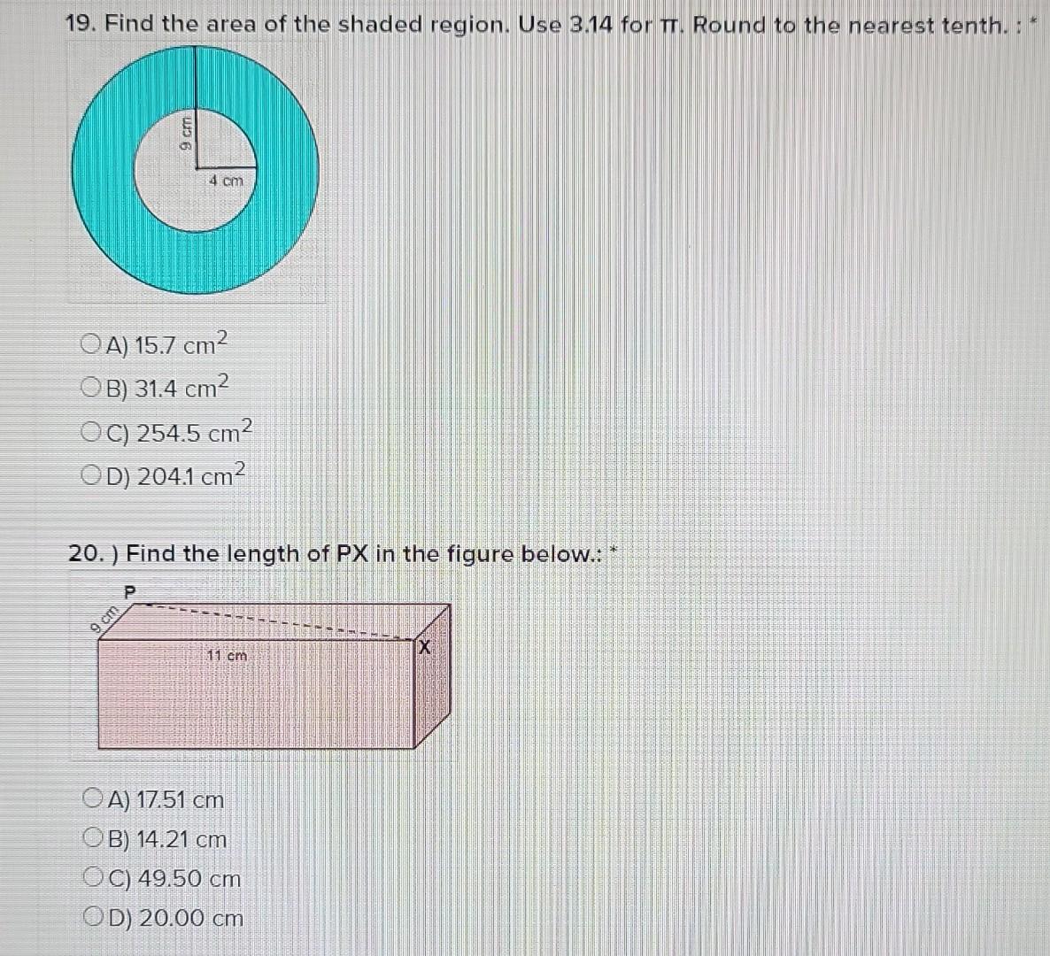 Solved 19. Find the area of the shaded region. Use 3.14 for | Chegg.com
