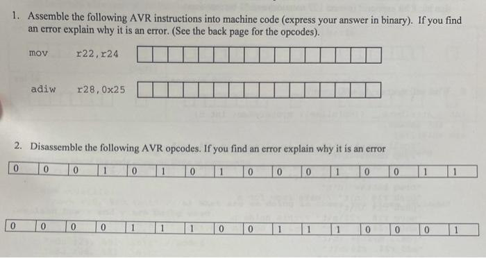 Solved 1. Assemble the following AVR instructions into | Chegg.com