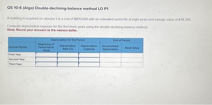 Solved QS 10.6 (Algo) Double-declining-balance method LO P1 | Chegg.com