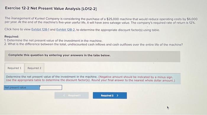 Solved Exercise 12-2 Net Present Value Analysis [LO12-2] The | Chegg.com