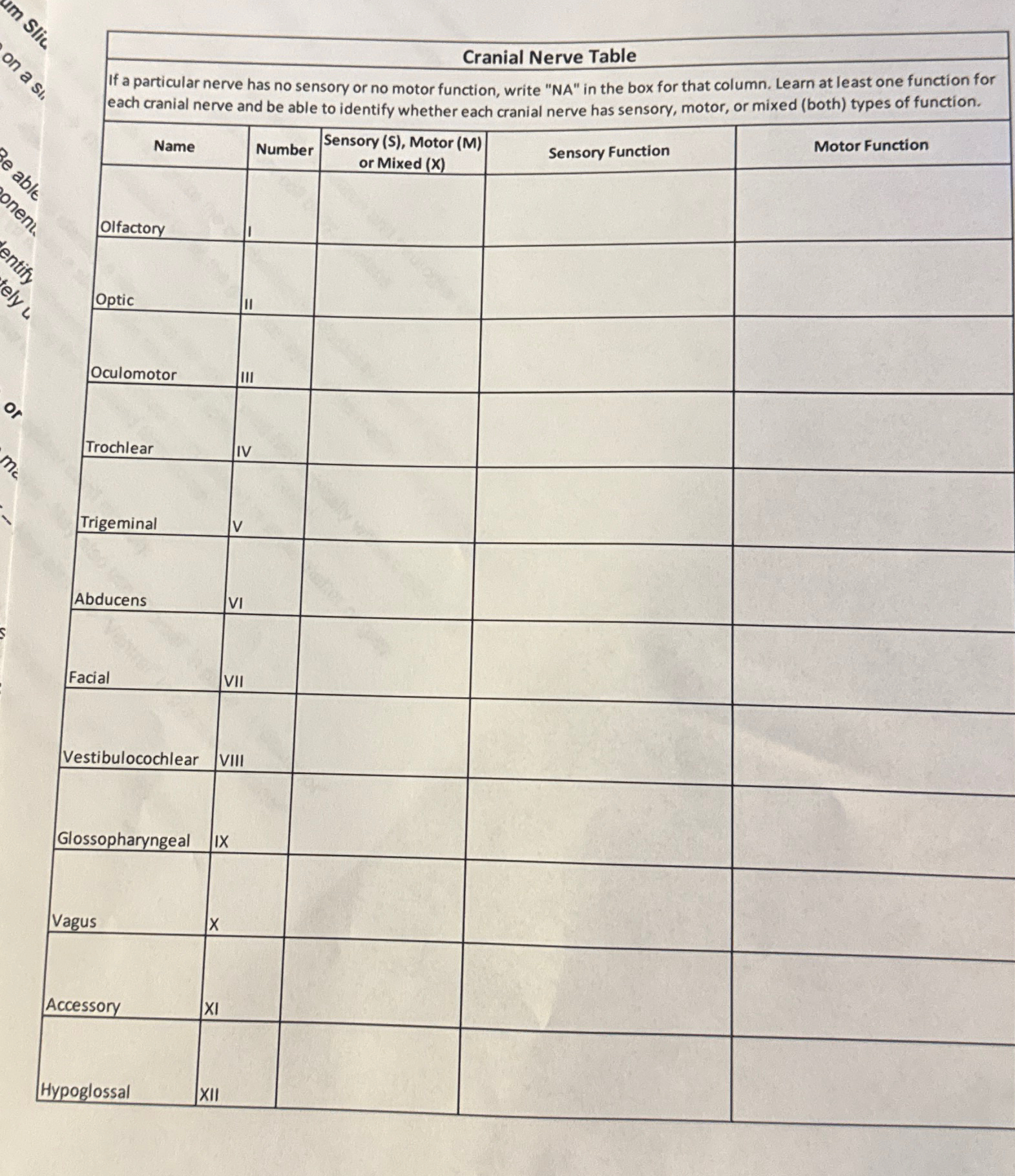 Solved Cranial Nerve TableIf a particular nerve has no | Chegg.com