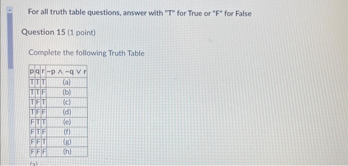 Solved For all truth table questions, answer with "T" for | Chegg.com