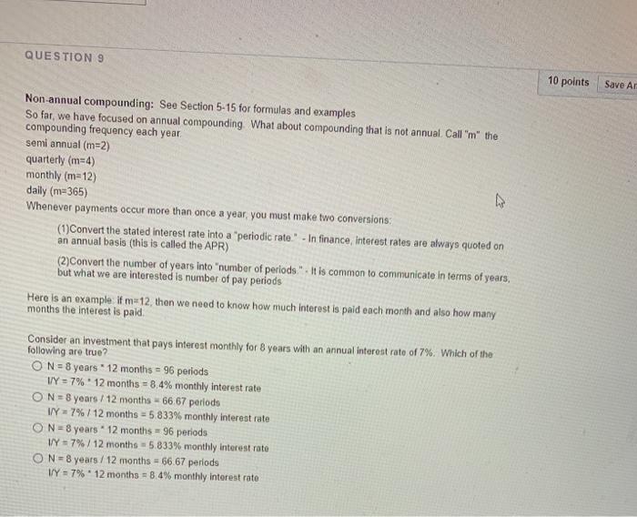 Solved QUESTION 9 10 points Save Ar Non-annual compounding: | Chegg.com Solved QUESTION 9 10 points Save Ar Non-annual compounding: | Chegg.com