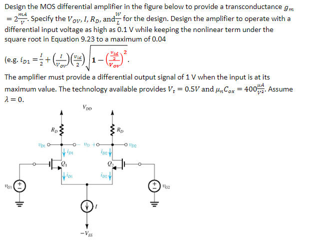 Solved Design the MOS differential amplifier in ﻿the figure | Chegg.com