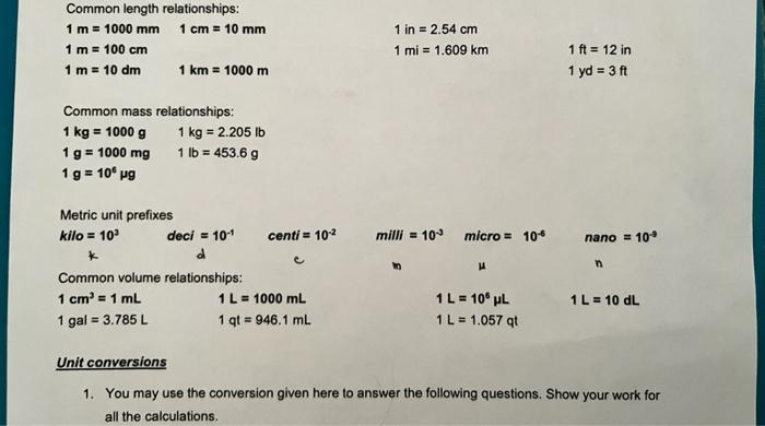 Solved Common length relationships: 1 m=1000 mm1 m=100 cm1 | Chegg.com